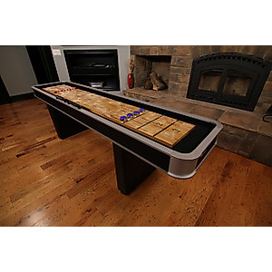 Atomic 9’ Platinum Shuffleboard Table with Poly-coated Playing Surface for Smooth, Fast Puck Action and Pedestal Legs with Levelers for Optimum Stability and Level Play