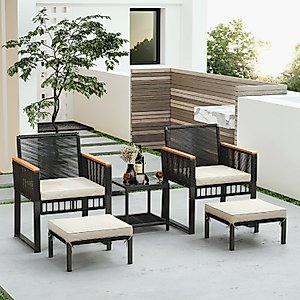 5 piece Outdoor Patio Furniture Set Outdoor Furniture Set with Table&Ottoman Patio Chairs Set of 2 Wicker Patio Set Patio Conversation Sets Outside Bistro Set for Porch Balcony Backyard Pool Deck Pool