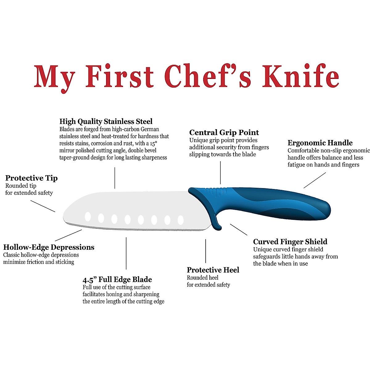 My First Chef's Knife for Children - (Royal/Navy) w/Protective Safety Sheath - German Stainless Steel - Curved Finger Shield - Choose from a variety of styles & colors! Kids Cooking Baking