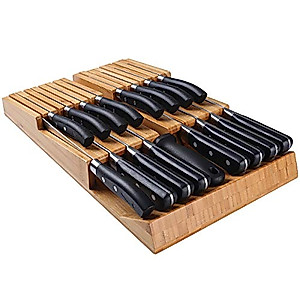 Bamboo In-Drawer Knife Block for 16 Knives and 1 Sharpening Steel(No Knife Included), Large Detachable Washable Kitchen Knife set, Drawer Knife Set Storage, Knife Organizer and Holder