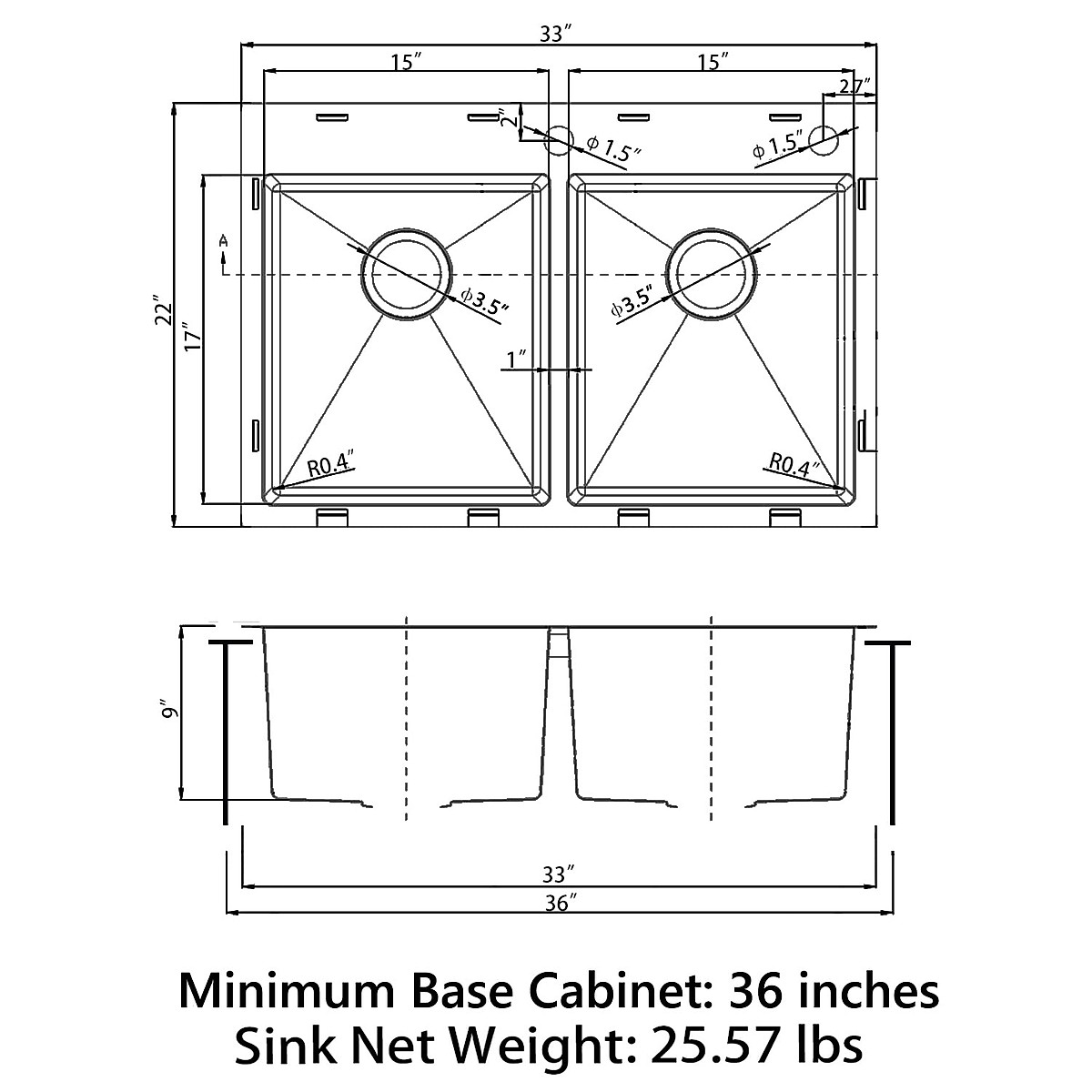 Sinber 33" x 22" x 9" Drop In Double Bowl Kitchen Sink with 18 Gauge 304 Stainless Steel Satin Finish HT3322D-9-S (Sink Only)