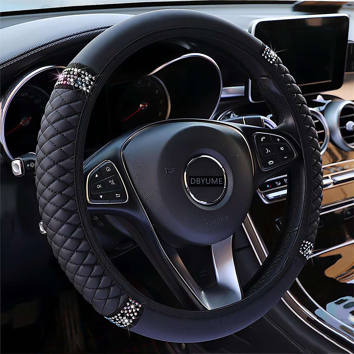 DBYUME Leather Car Steering Wheel Cover with Bling Bling Crystal Rhinestones, Universal 15 Inch Car Anti-Slip Steering Wheel Protector for Women Girls (Black)