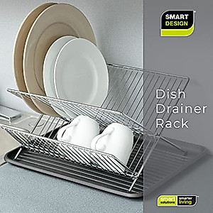 Smart Design Dish Drainer Rack w/ In Sink or Counter Drying - Steel Metal Wire - Cutlery, Plates, Dishes, Cups, Silverware Organization - Kitchen (Folding, Chrome)