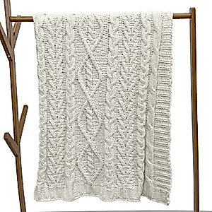 Knitted Luxury Chenille Throw Super Soft Throw Blanket for Sofa Bed All Season Decorative Couch Blanket 50x60 Cream