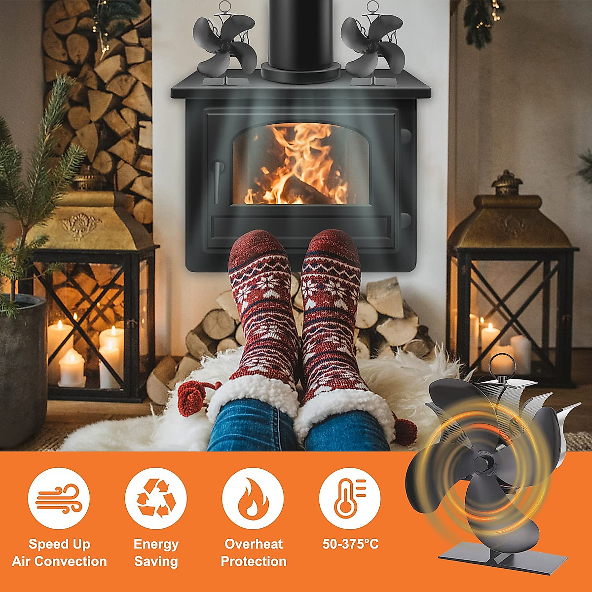 DOMAS 4-Blade Heat Powered Stove Fan for Wood / Log Burner/Fireplace increases 80% more warm air than 2 blade fan