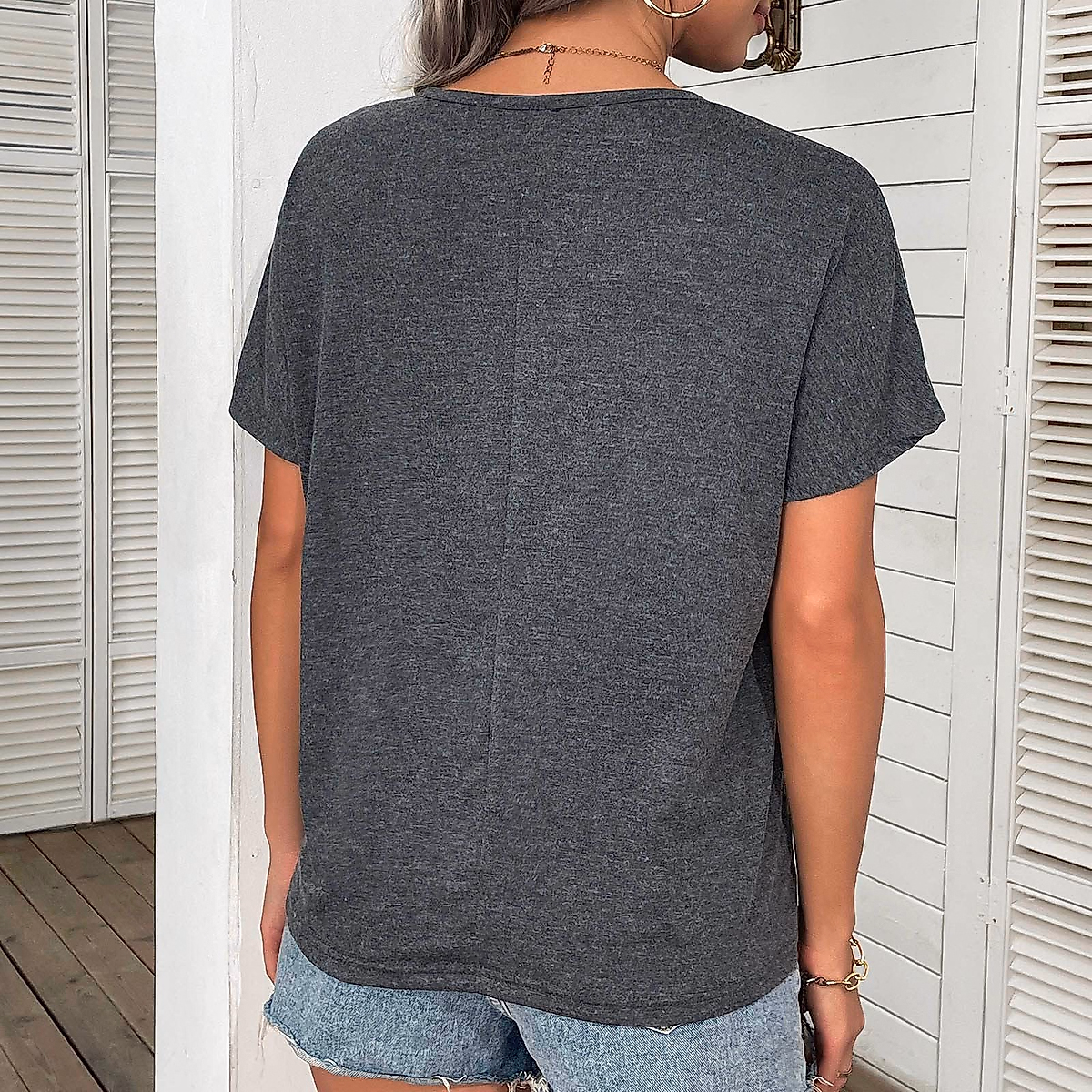 DASAYO Womens Casual Button Tee Top Loose Solid Soft Comfy T Shirts Trendy Summer Cute Going Out Plain Tunics Blouses Tops Lightning Deal