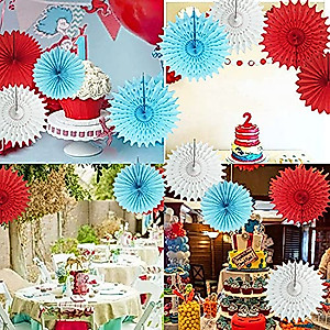 Dr Seuss Cat in the Hat Birthday Party Decorations/Thing 1 Thing 2 Baby Shower Decorations/Airplane/14pcs Blue White Red Tissue Paper Fans Circus Carnival/Nurse Graduation Decorations