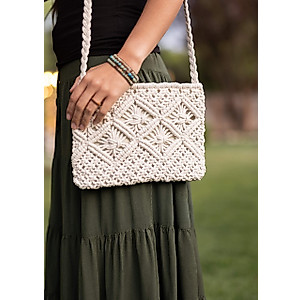 Cotton Macrame Purse Bag | Hand-Woven Knitted Crossbody Shoulder Strap Zipper | Cute Fringe Boho Coin (White)