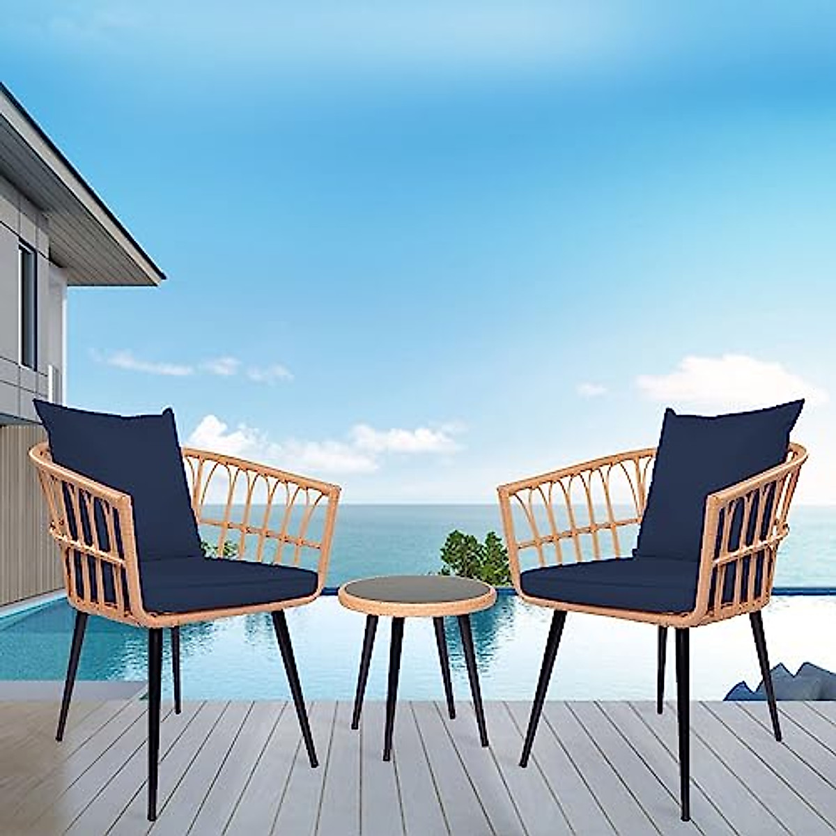Koruiten 3-Piece Patio Bistro Sets, Outdoor Wicker Dining Conversation Furniture Sets with Cushions, Tempered Glass Side Table and 2 Patio Porch Chairs for Balcony, Backyard (Dark Blue)