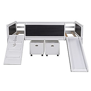 Harper & Bright Designs Kids Loft Bed with Slide and Double-Sided Chalkboard, Wooden Low Loft Bed Frame with 2 Storage Boxes, Twin Loft Bed for Boys & Girls (New, White)