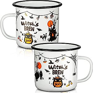 2 Pieces Halloween Enamel Campfire Mug Halloween Enamel Mug Coffee Cup Witch's Brew Halloween Gothic Cup Handfinished Enamelware Espresso Cups for Mountain Nature Outdoor Hiking (12 oz) (Cute Style)
