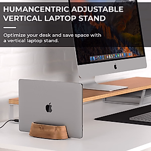 HumanCentric Laptop Holder Vertical Laptop Stand, Adjustable Holder and Dock, Laptop Vertical Stand Fits MacBook Pro and Other Laptops .5" to 1.5", Upright Laptop Holder for Desk, Black Walnut Wood