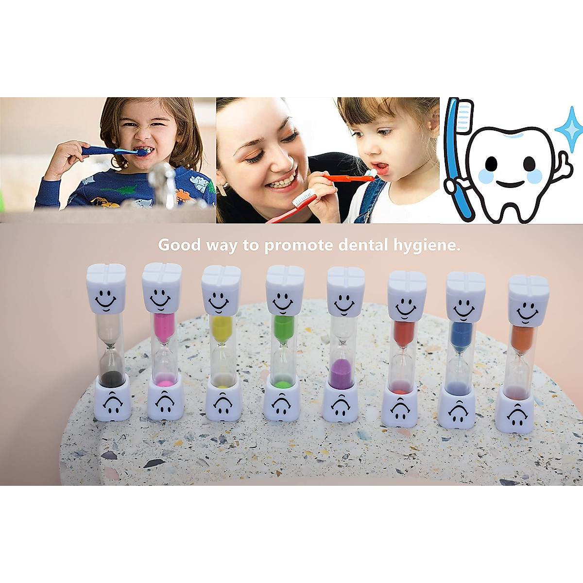 Yuronam 2 Minute Sand Timer Set, 8 Pack Colorful Smiley Hourglass Timers for Kids Proper Tooth Brushing