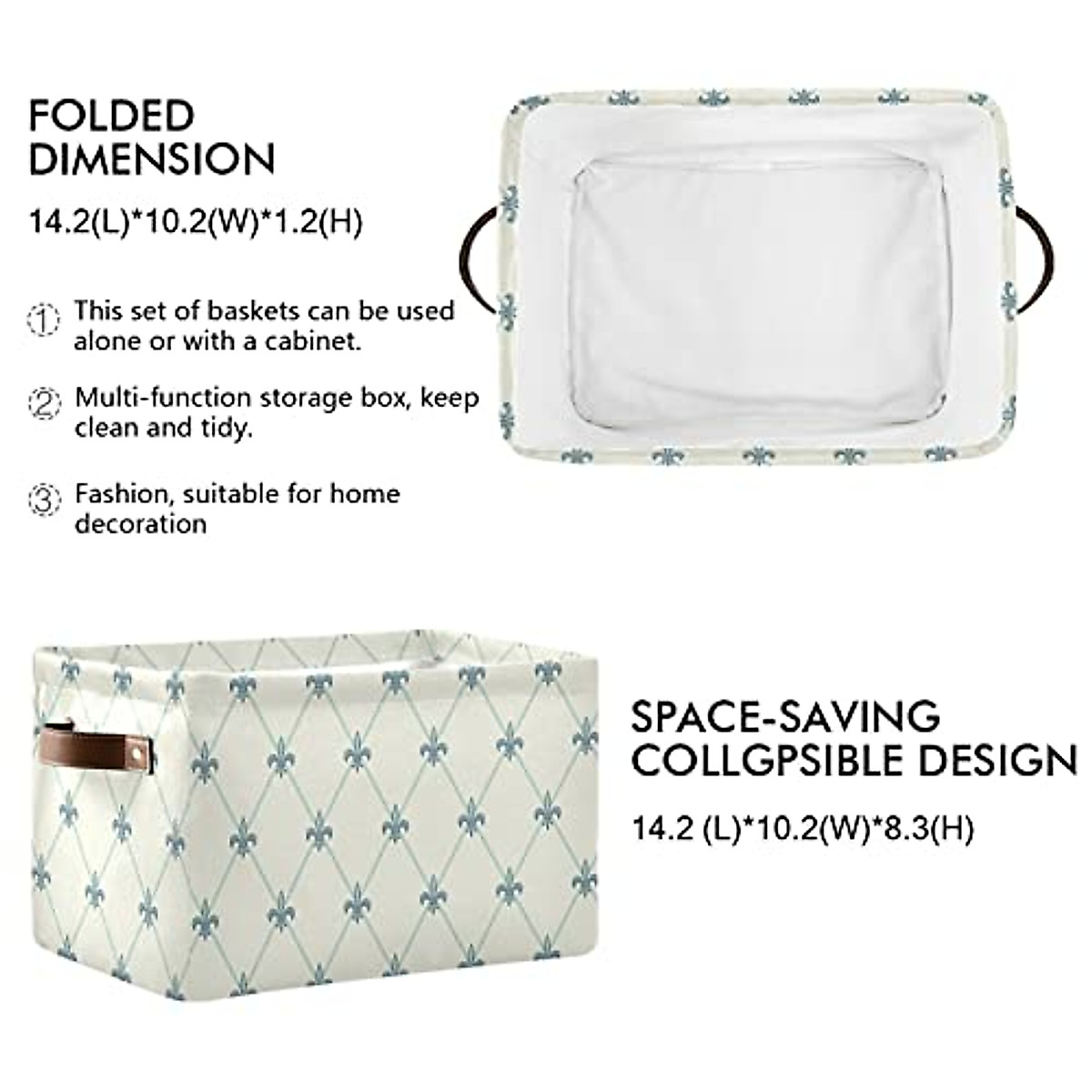 Fleur De Lis Storage Basket Floral Plaid Storage Organizer Box Bin Large Collapsible Cube Baskets with PU Handles for Shelf Closet Nursery Laundry 2 Pack