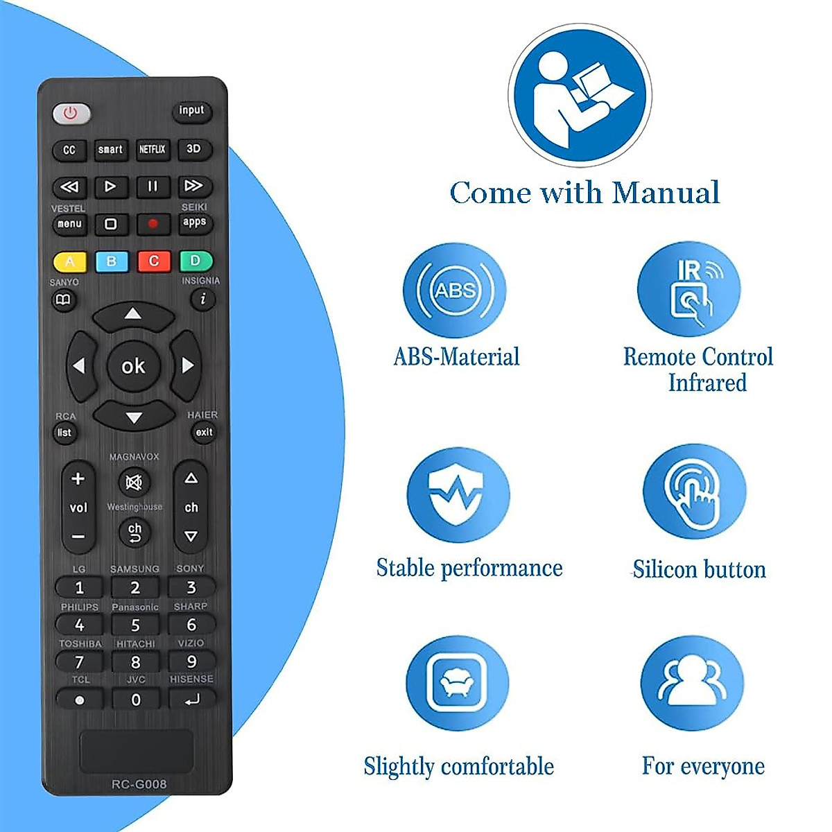Universal TV Remote Replacement Compatible for Samsung RCA JVC Magnavox TCL Philips Sony Panasonic Toshiba Hitachi Vizio Hisense Seiki Sanyo Haier LG Insignia Westinghouse Smart TV Remote Control