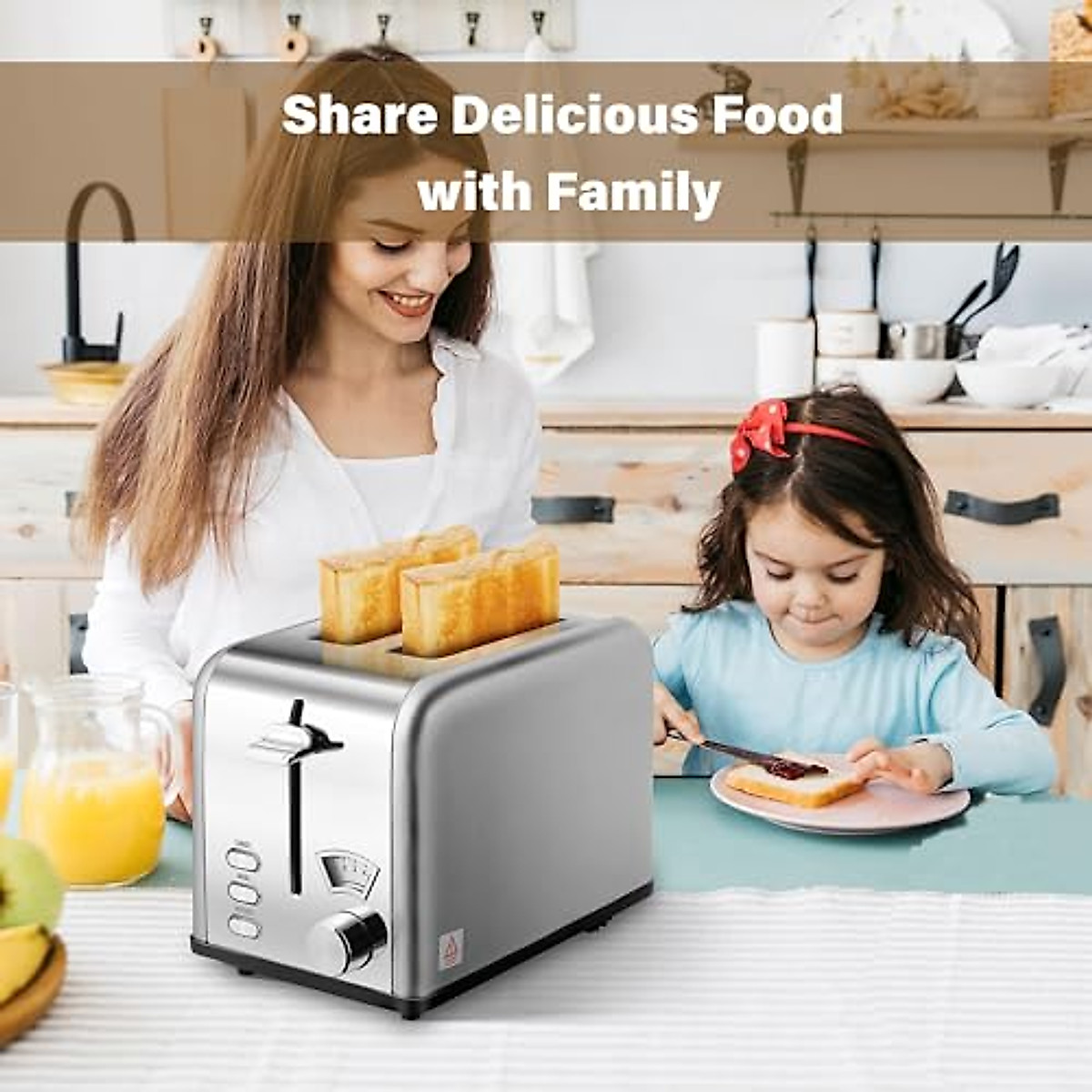 Simple Deluxe Stainless Steel Toaster 2 Slice with 1.5” Wide Slot & Removable Crumb Tray, 5 Shade Options and Bagel/Defrost/Cancel Functions, for Various Bread & Waffle, Retro Silver