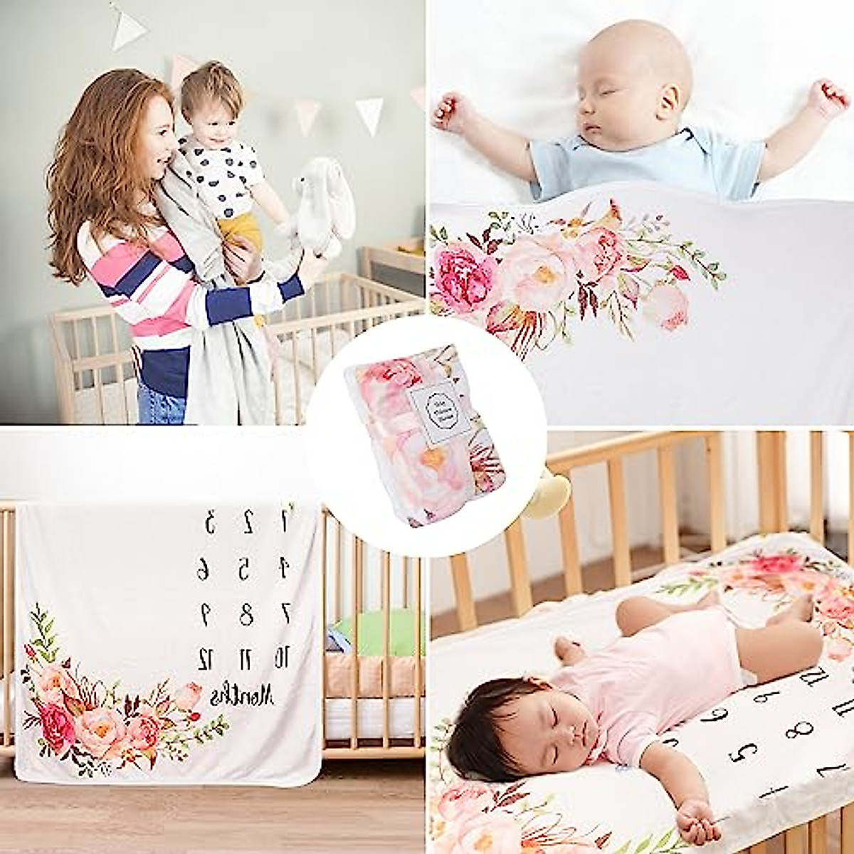 Baby Monthly Milestone Blanket for Boy Girl Soft Floral Memory Blanket Newborn Growth Chart Milestone Blanket Cute Photo Background Blanket with Wreath (51x40In)