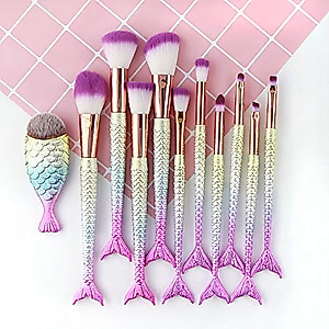 Mermaid Makeup Brushes, 11pcs Professional Blending Blush Concealer Synthetic Fiber Bristles Brush Special Cosmetic Brushes Kits for Women(purple)
