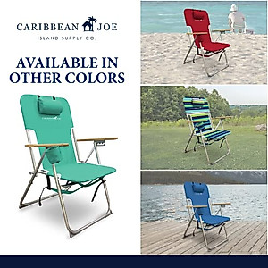 Caribbean Joe Folding Beach Chair, 4 Position Portable Backpack Foldable Camping Chair with Headrest, Cup Holder, and Wooden Armrests, Teal