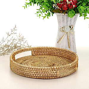 Hipiwe 10" Round Rattan Serving Tray with Handles, Hand-Woven Decorative Organizer Tray for Storage Breakfast Drinks Snack, Centerpiece Fruit Basket for Home Decoration, Small