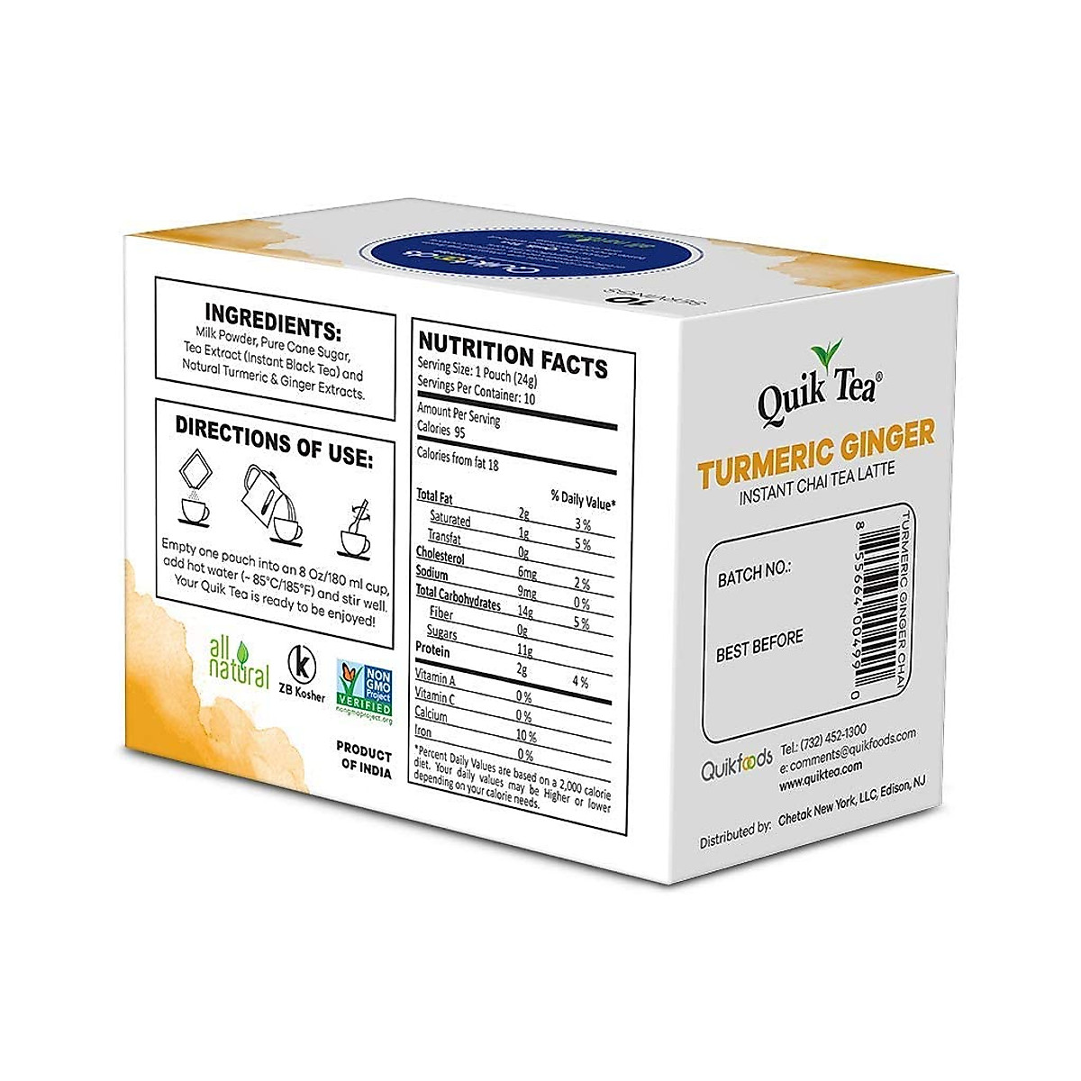 QuikTea Turmeric Ginger Chai Tea Latte - 10 Count Single Box - All Natural Preservative Free Authentic Instant Chai from Assam