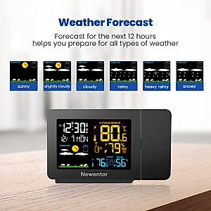 Newentor Atomic Projection Alarm Clock with Weather Station for Bedrooms, Projector Clocks with WWVB Function, Indoor Outdoor Thermometer Wireless, Temperature Humidity Monitor and Weather Forecast