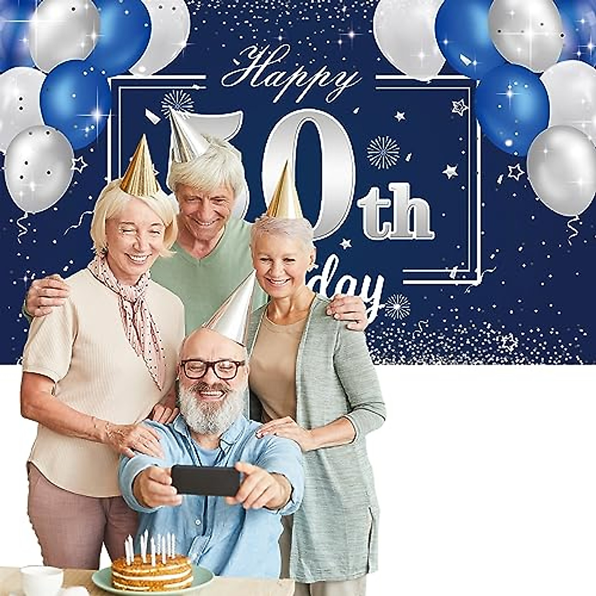 50th Birthday Decorations Banner Men, Blue Silver Happy 50th Bday Decorations for Men, 50th Birthday Decorations Men Blue, 50 Year Old Photography Background