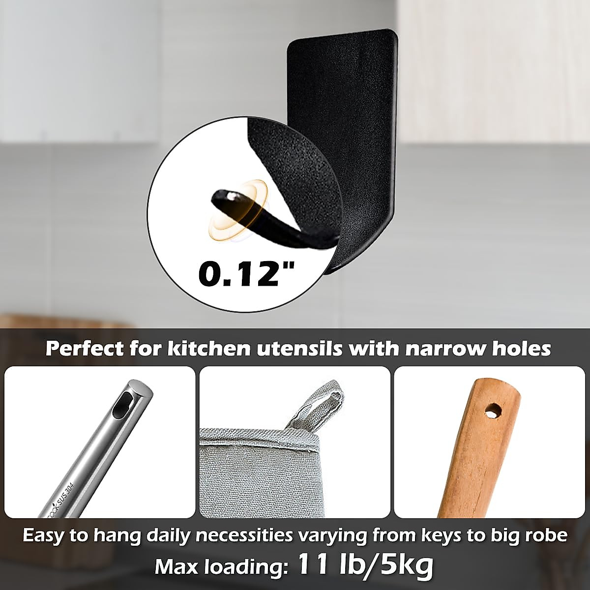 Vicosey Kitchen Adhesive Hooks for Hanging,8 Pack Adhesive Towel Hooks,3m Heavy Duty Stainless Steel Waterproof Hook,Hooks for Walls No Damage(Black)