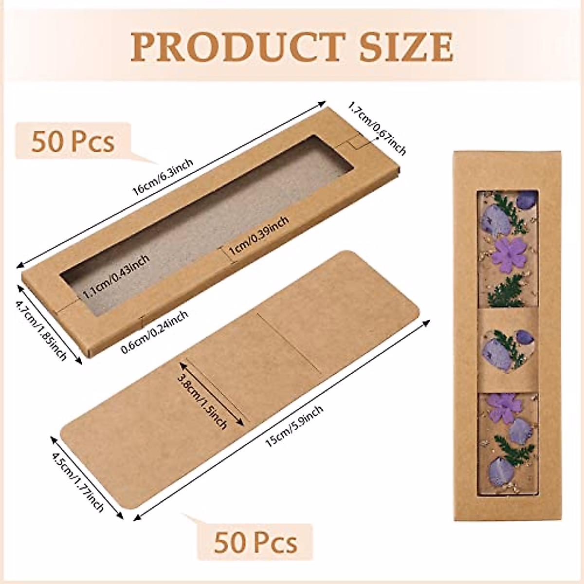 50 Set Bookmark Cardboard Gift Boxes Resin Bookmark Holder 5.9 x 1.8'' Bookmark Sleeves Blank Display Cards Bookmark Gift Cases for Small Business Bookmark Wrapping Packaging Supplies (Brown)