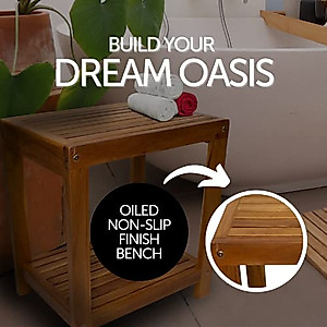 NORDIC STYLE TEAK Wood Shower and Spa Bench with Shelf 18 inch, Indoor and Outdoor Use (Oiled Finish)