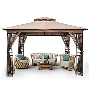 HAPPATIO 10' X 12' Outdoor Patio Gazebo, Outdoor Canopy Gazebo for Garden,Yard,Patio with Ventilation Double Roof with Mosquito Netting,Light Brown