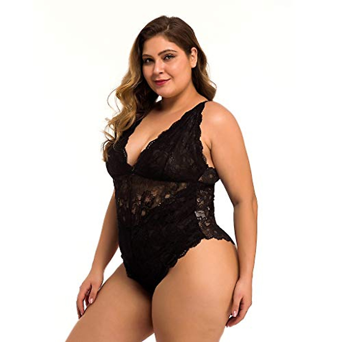 Qopobobo Sexy Lengerie for Women Naughty Women One Piece Deep V Lingerie Plus Size Lace Hollow Bodysuit Halter Sleepwear Black
