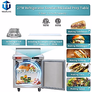 WESTLAKE 27" W Refrigerator Sandwich & Salad Prep Table Commercial Stainless Steel Counter Fan Cooling Refrigerator with 8 Pans-27 Inches for Restaurant, Bar, Shop, etc