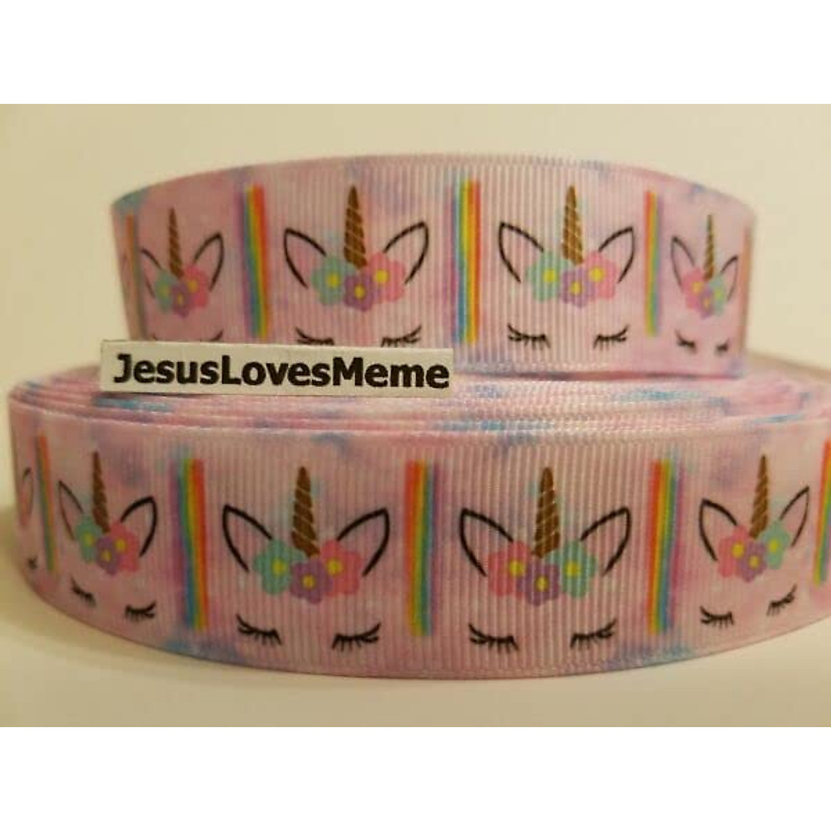 for Grosgrain Ribbon Sleeping Unicorn Heads on Light Pink Flowers on Head Daisy 1" Seasonal Ornaments - (Length) is 3 Yards