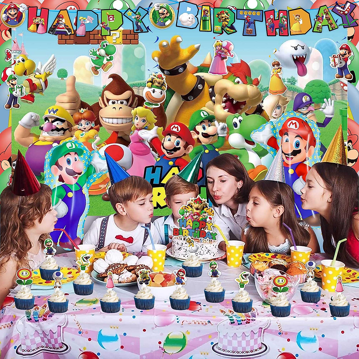 Mario Party Decorations Birthday Party Supplies Super Mario Bros Birthday Favors Include Birthday Banners, Backdrop, Balloons, Cake Decoration, Cupcake Toppers, Hanging Swirls