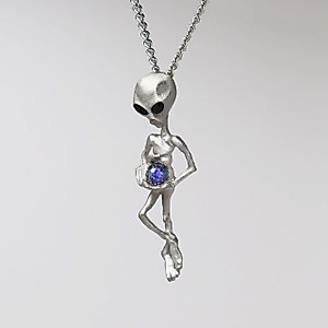 Real Metal UFO Alien Holding Crystal Ball Silver Finish Pendant Necklace