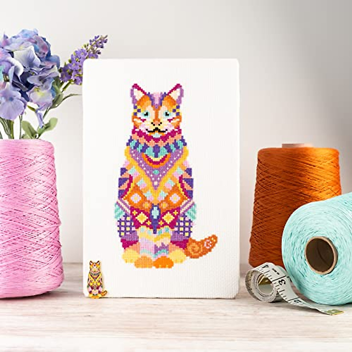 Meloca Designs Mandala Cat Counted Cross Stitch Kit with 14 Count Aida Fabric, Thread, Needle and Instructions