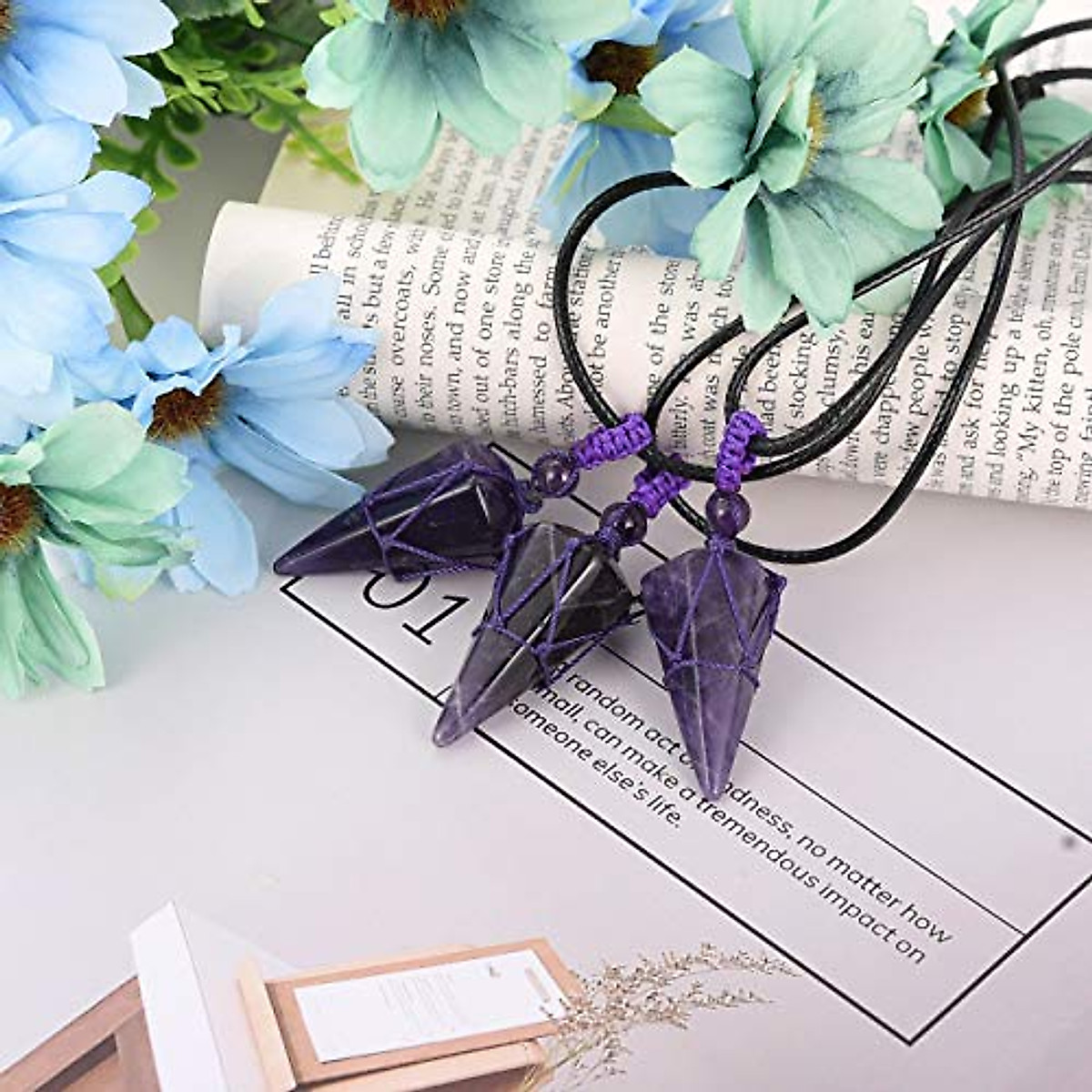 PESOENTH Amethyst Necklace Purple Quartz Crystal Dowsing Pendulum Divination Healing Necklace Cord Adjustable,Natural Gemstone Hexagonal Pointed Cone Reiki Chakra Pendant