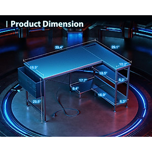 ODK 40 Inch Small L Shaped Gaming Computer Desk with Power Outlets, Corner Desk with Reversible Storage Shelves & PC Stand for Small Space, Modern Simple Home Office Table, Carbon Fiber Surface, Black