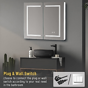 Pinikuyiro 32"x 28" Lighted Medicine Cabinet with Mirror, Wall Mounted Bathroom Mirror with Storage, 2 Doors Bathroom Wall Cabinet with LED Lights (White)