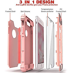 IDweel iPhone 8 Plus Case, iPhone 7 Plus Case with Tempered Glass Screen Protector, 3 in 1 Shockproof Hybrid Heavy Duty Protection Hard PC Cover Soft Silicone Bumper Full Body Durable Case, Rose Gold