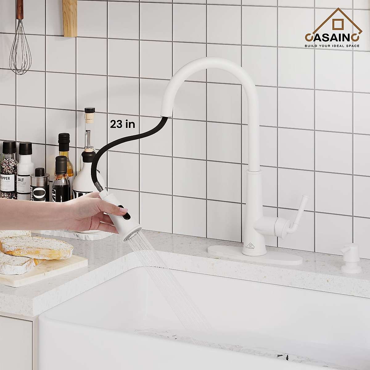 CASAINC Kitchen Faucet with Pull Down Sprayer Matte White with LED Function, 17.31in H Touchless 1.8 gpm Single Handle Kitchen Sink Faucet, Lead-Free Copper for Bar Laundry Kitchen Sink