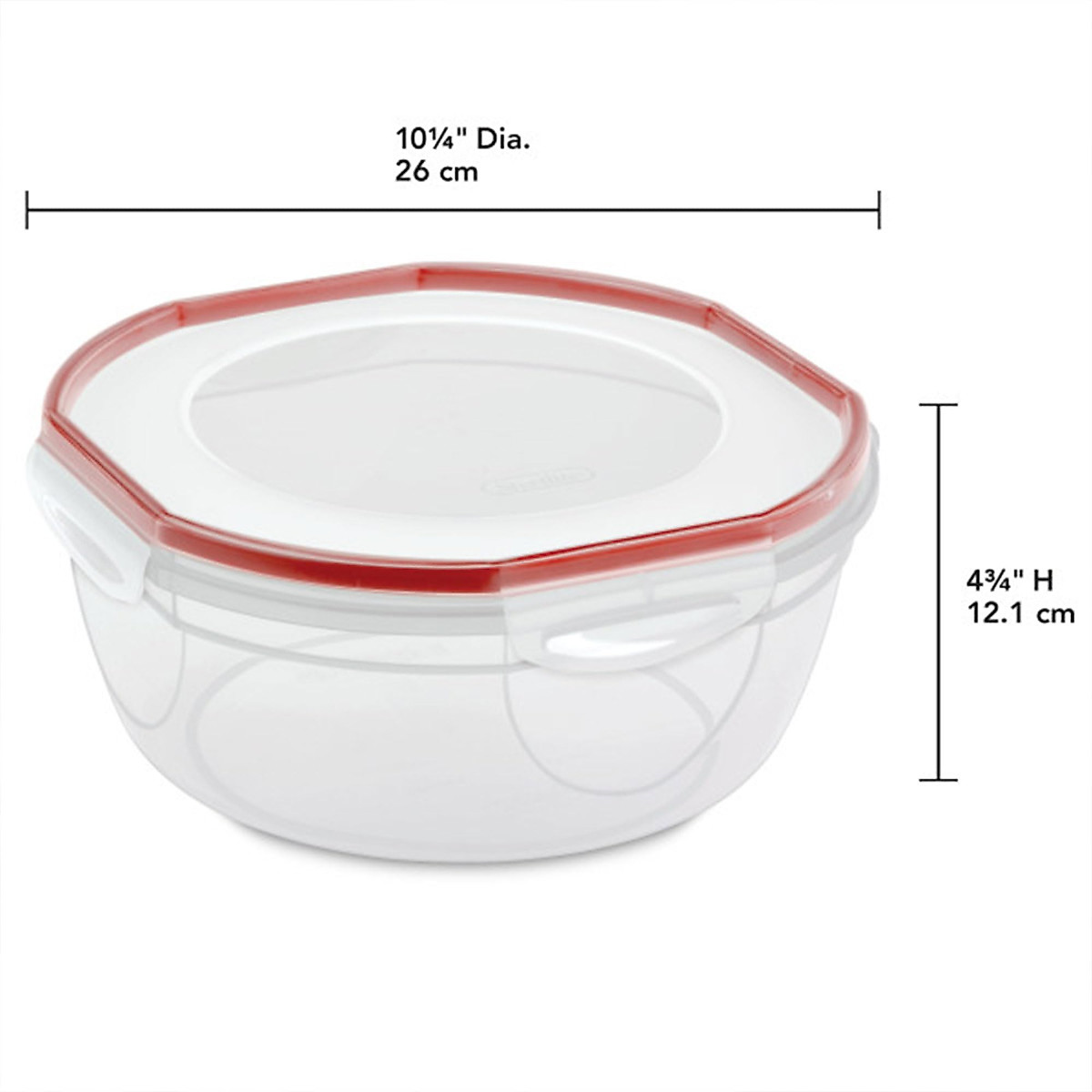 Sterilite Ultra-Seal 4.7 Qt Bowl, Large Airtight Food Storage Container, Latching Lid, Microwave and Dishwasher Safe, Clear With Red Gasket, 4-Pack