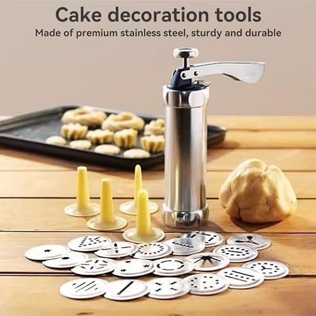 Cookie Press, Stainless Steel Churro Maker Machine Biscuit Press Cookie Gun Set with 20 Decorative Molds and 4 Nozzles for DIY Biscuit Maker 8.27 x 6.10in Cookie Press Machine Cookie Press Gun