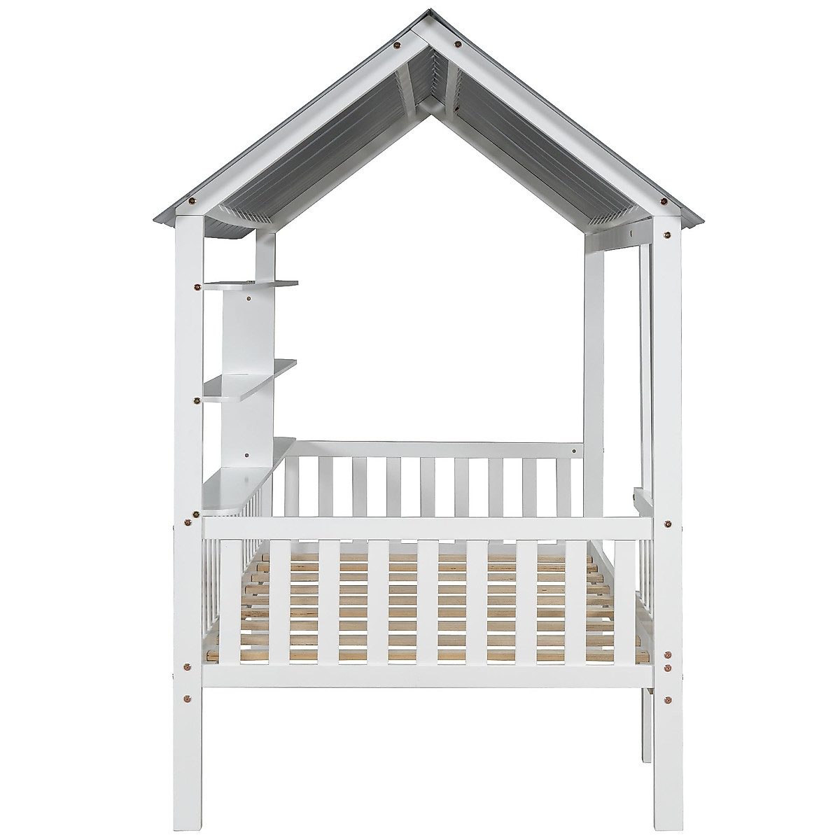 Harper & Bright Designs House Bed Twin Size with Fence Guardrails, Montessori Bed Frame with Storage Shelves, Wood Playhouse Beds for Kids Girls Boys, White