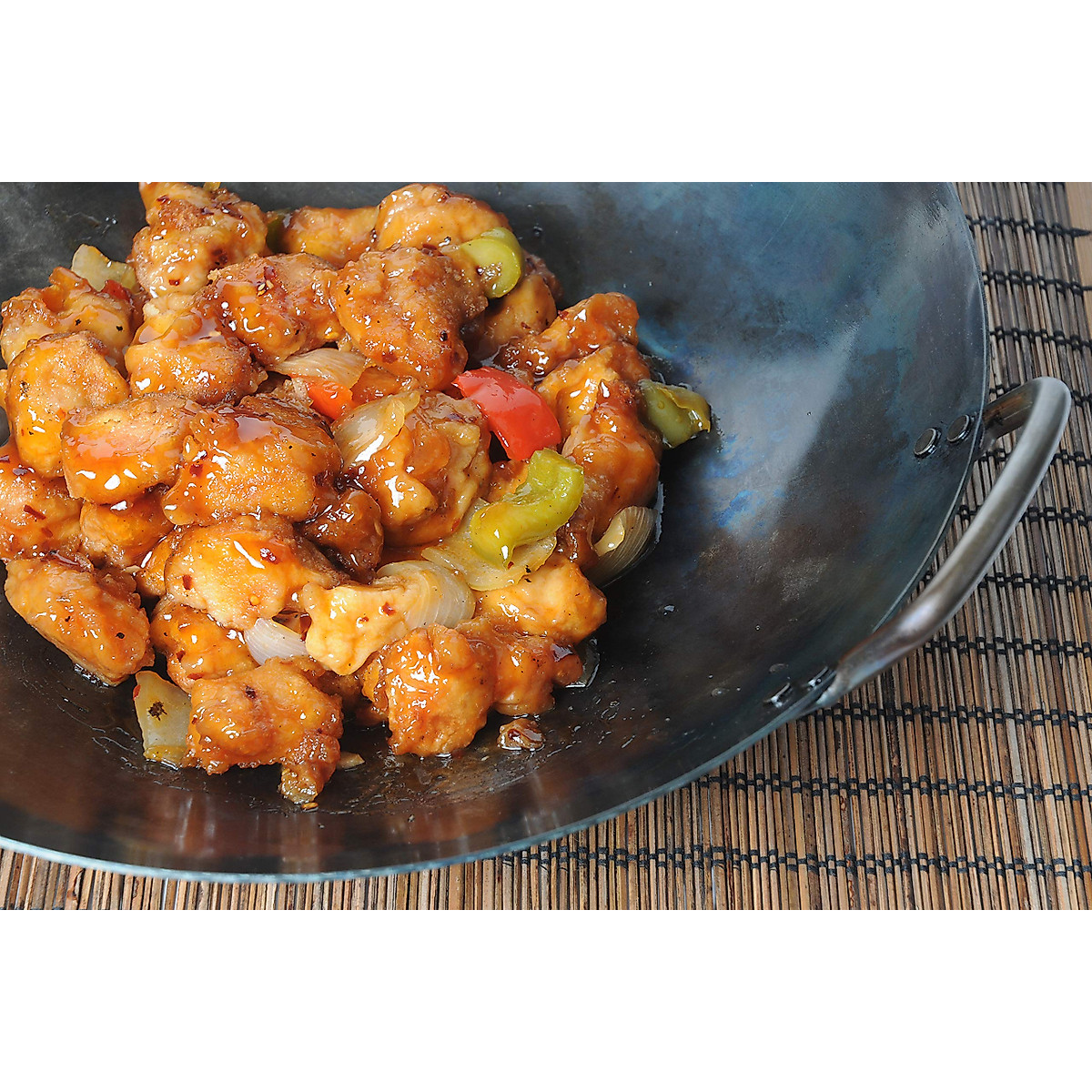 Chef's Medal Traditional Hand Hammered Carbon Steel Pow Wok with Bamboo and Steel Helper Handle - 14 Inch, Round Bottom