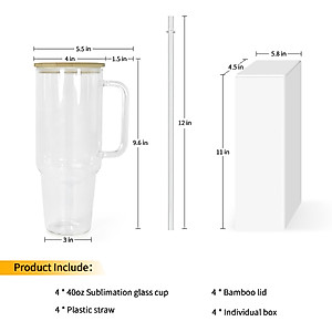 AGH 40oz Sublimation Glass Tumbler with Handle, 4pcs Clear Sublimation Glass Cups Blanks with Bamboo Lid & Plastic Straw, Reusable Iced Coffee Cup Fits in Car Cup Holder