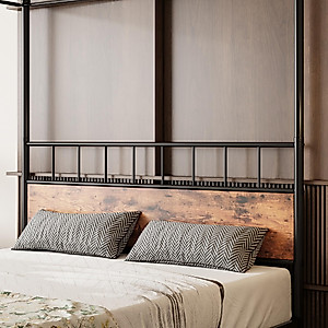 LIKIMIO Canopy Bed Frame King with Wooden Headboard and Drawer, King Size Bed Frame with 4 Removable Sturdy Posts, Noise Free, No Box Spring Needed, Vintage Brown