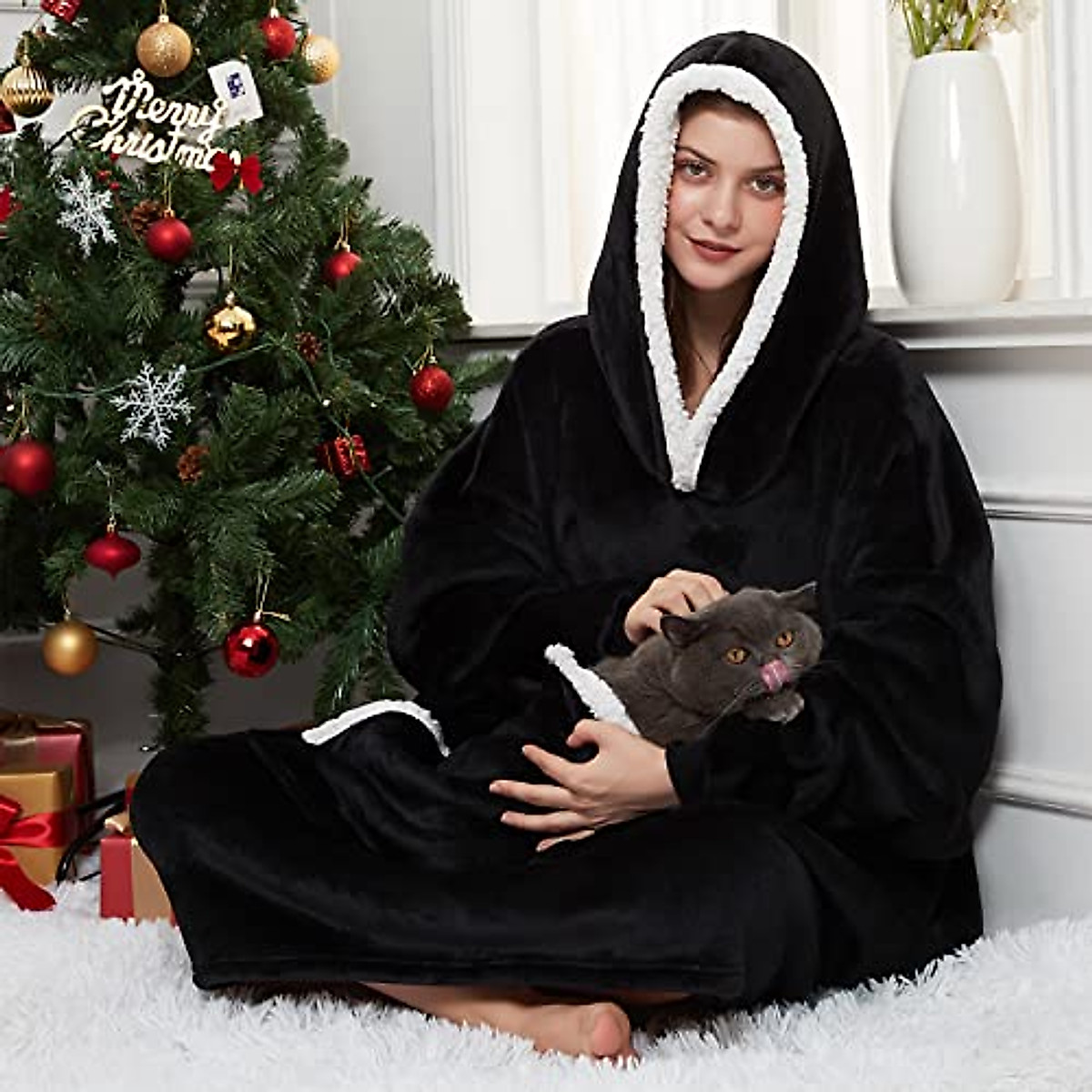 Cozystar Wearable Blanket Hoodie with Giant Pocket （Cat Approved） Extra Soft Sherpa Fleece Thick Warm ＆ Cozy Oversized Sweatshirt Blanket Jacket with Sleeves Gifts for Adult Men Women - Black