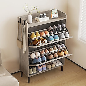 HOMEFORT Shoe Storage Cabinet for Entryway, Slim Shoe Organizer with Two Flip Drawers, Narrow Shoe Rack Cabinet with Wood Legs, Farmhouse Hidden Shoe Cabinet for Foyer, Front Door Entrance,Washed Gray